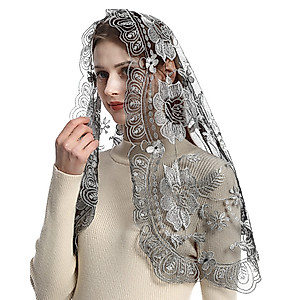 Bozidol Catholic Chapel Mantilla Veil Floral Embroidery Spanish Lace Scarf Church Mass Veil for Women (Sliver Black)