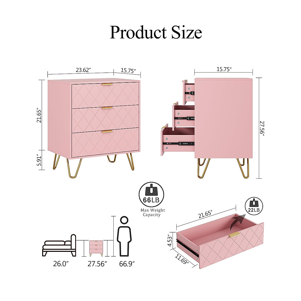 Aobafuir 3 Drawer Dresser for Bedroom, Modern Closet Dressers Chest of Drawers, Storage Dresser Chest Cabinet Organizer Unit, Small Fluted Dresser for Bedroom (Pink Diamond)
