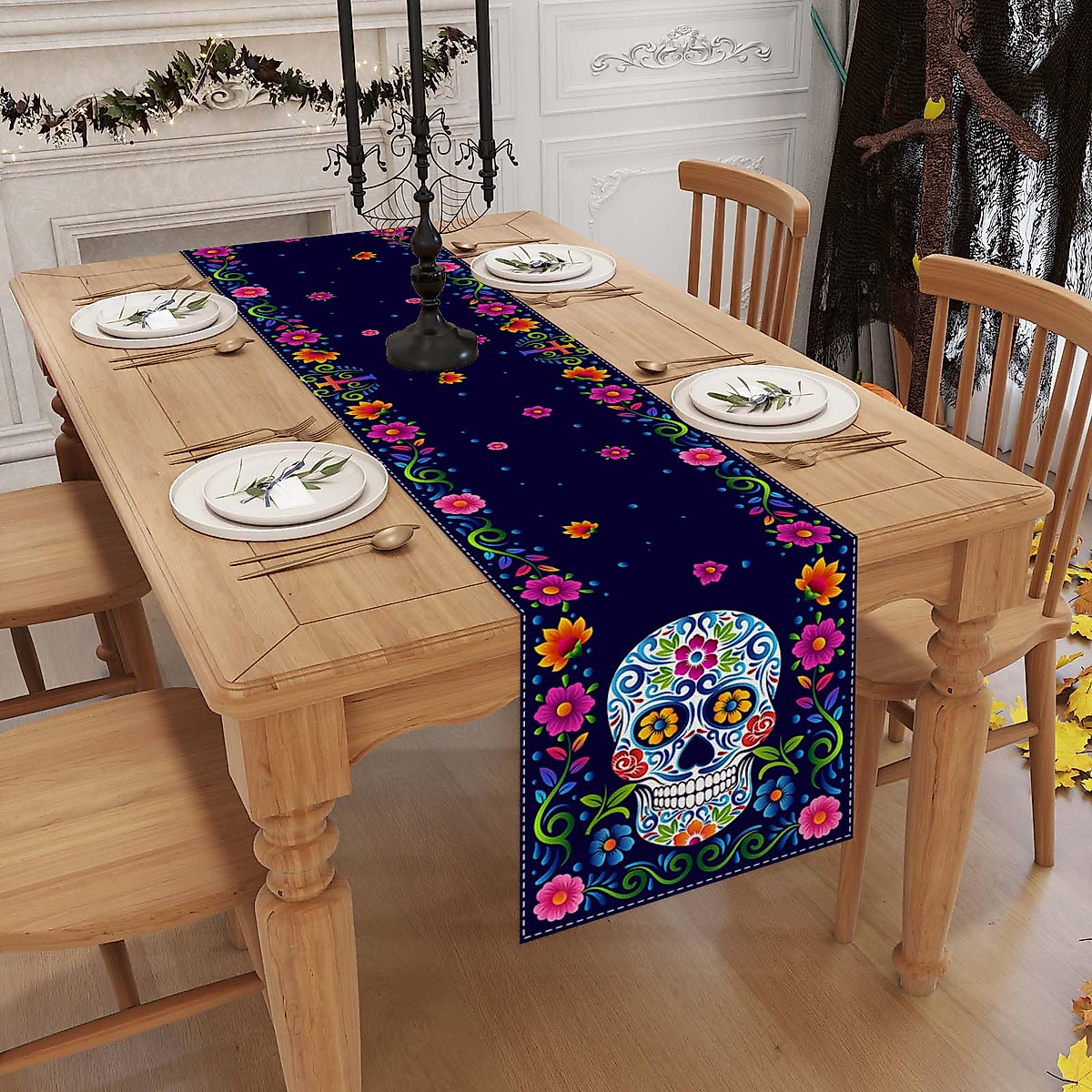 Linen Dia De Los Muertos Table Runner 72 Inches Long Day of The Dead Tablecloth Mexican Fiesta Themed Party Decorations and Supplies for Home Kitchen Dining Room Table