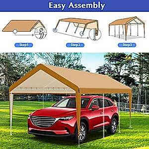 MARVOWARE 10x20 Car Canopy Replacement Carport Tarp Cover with Fabric Pole Skirts Ball Bungees for Tent Top Garage Boat Shelter(Only Tarp Cover) Brown