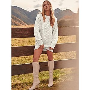 ANRABESS Women Long Sleeve Oversized Cable Knit Chunky Baggy Loose Pullover Tunic Mini Sweater Dress 2025 Trendy Fall Outfits White Medium