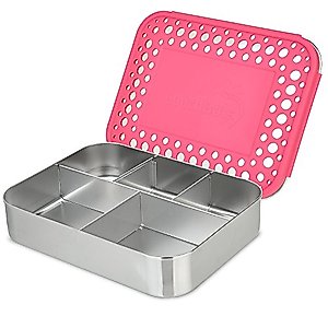 LunchBots Large Cinco Stainless Steel Lunch Container - Five Section Design Holds a Variety of Foods - Metal Bento Box - Dishwasher Safe - Stainless Lid -Pinka Dots