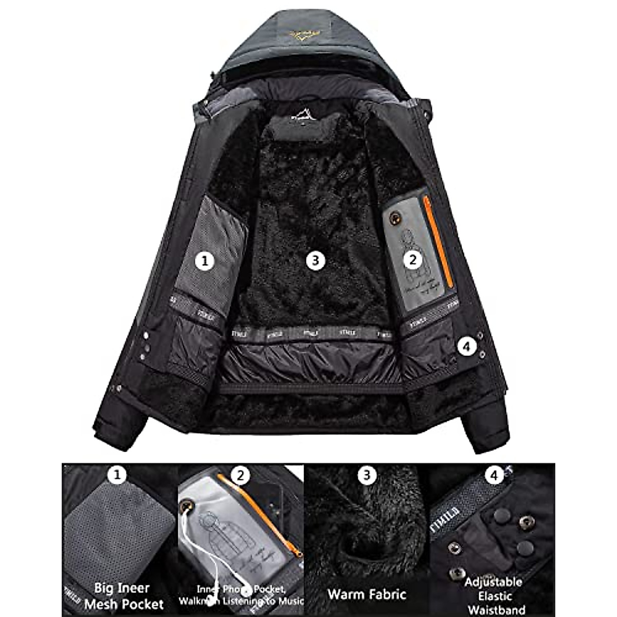 FTIMILD Men's Ski Jacket Waterproof Warm Winter Mountain Windbreaker Hooded Raincoat Snow Jackets