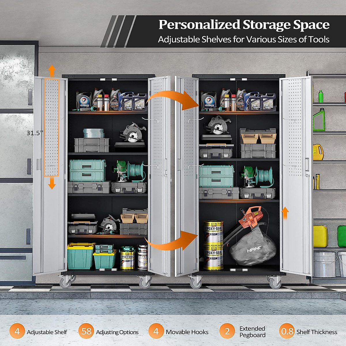 VINGLI 72'' Tall Garage Storage Cabinet, Metal Storage Cabinet with Wheels, Locking Doors and Adjustable Shelves (Black & Silver, 32''W x 16''D x 72''H)