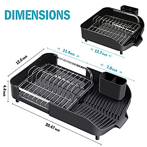 TOOLF Extendable Dish Drying Rack, Dual Part Dish Drying Rack, Adjustable Dish Drainers for Kitchen - Non-Scratch and Movable Cutlery Drainer and Drainage Spout Included, 1 Piece, Black