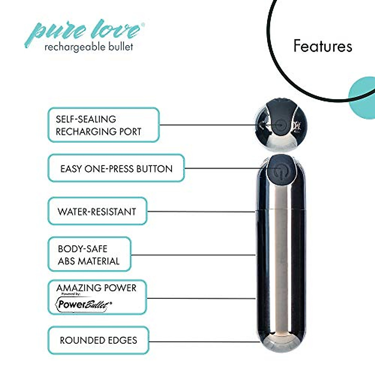 pure love Vibrator Bullet, Rechargeable, Waterproof, Adult Sex Toy, Smoky Silver, 3"