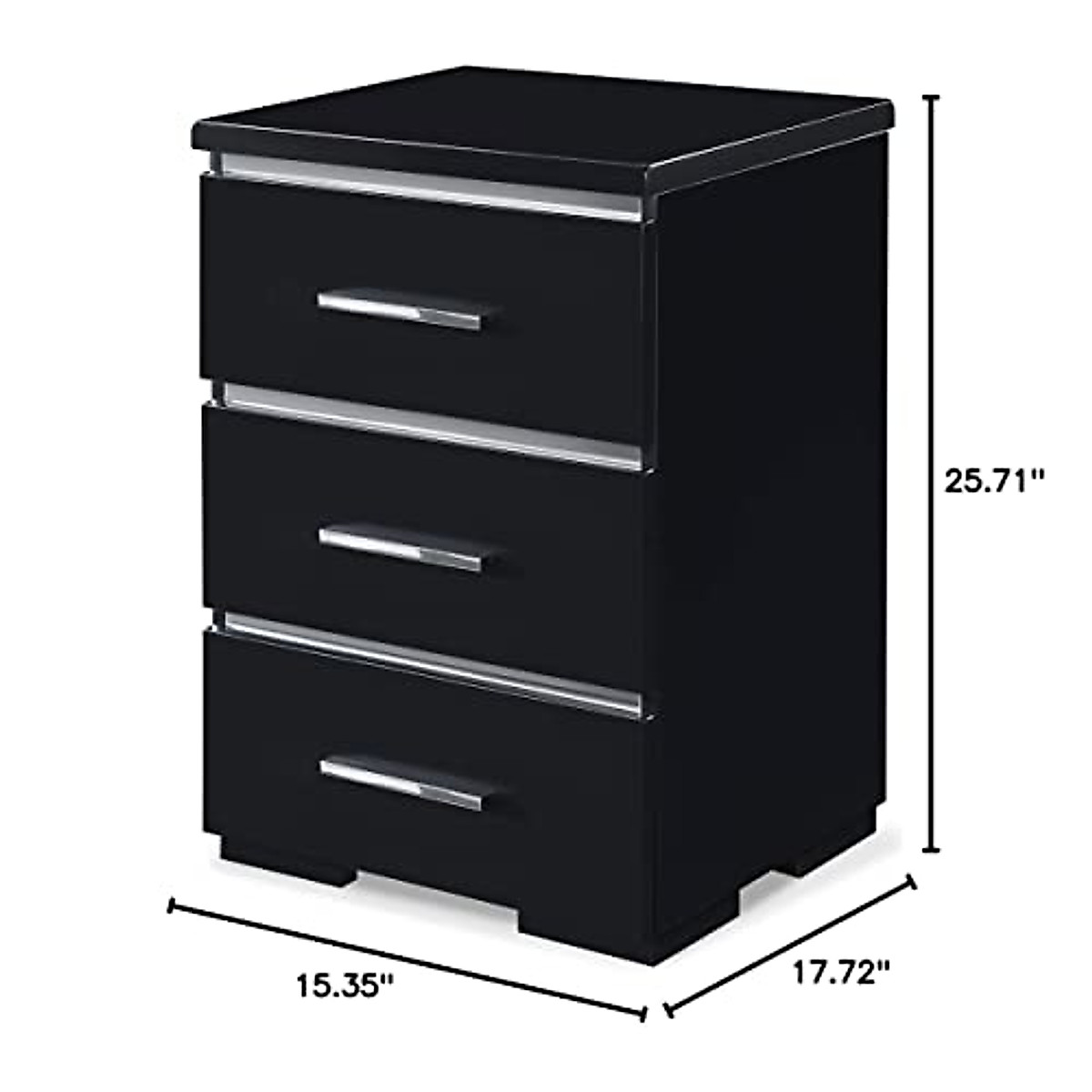 Finch Belmont Fully Assembled Nightstand Modern Mirrored Accent, Bedside End Table with Silver Handles, 3-Drawer, Black