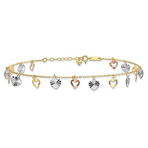 IceCarats 14K Tri Color Gold Heart Love 9 inch Anklet Summer Beach Foot Ankle Bracelet