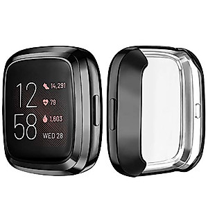 [6 Pack] Mugust Screen Protector Compatible with Fitbit Versa 2 Case, TPU Plated Full Around Protective Case Cover (Black, Space Gray, Silver, Rose Gold, Rose Pink, Clear)