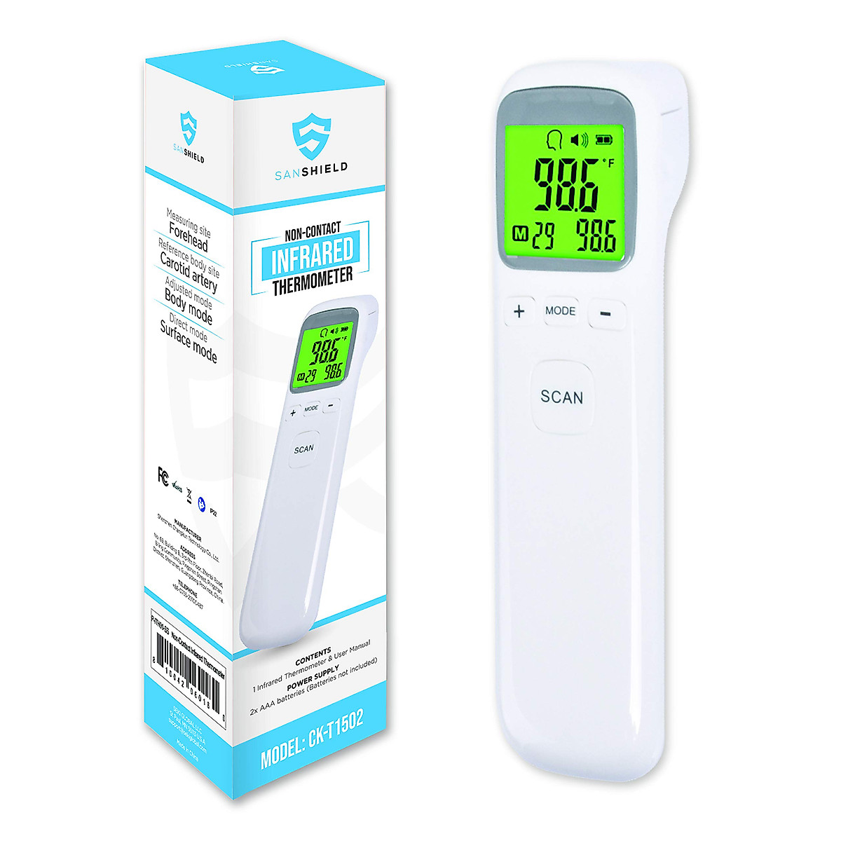 SANSHIELD Non-Contact Forehead Thermometer - Infrared Digital Thermometer for Adults Kids Elderly, Touchless Temperature Scanner for Fever with Body and Object Modes (Batteries NOT Included)