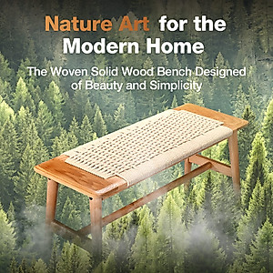 Fancyarn Woven Bench, 32" L FAS Grade Solid Oak Wood Dining Bench w/Rustic Design, Hand Woven Enterway Bench, Breathable Surface, Firm Mortise & Tenon Structure, Small Bench for Dining Room/Bedroom