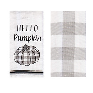 Mainstream Hello Pumpkin Kitchen Hand Towels, Grey and White Checked Buffalo Plaid, Set of 2 Coordinating Cotton Dishtowels for Fall and Thanksgiving Decorating, 16 x 26 inches