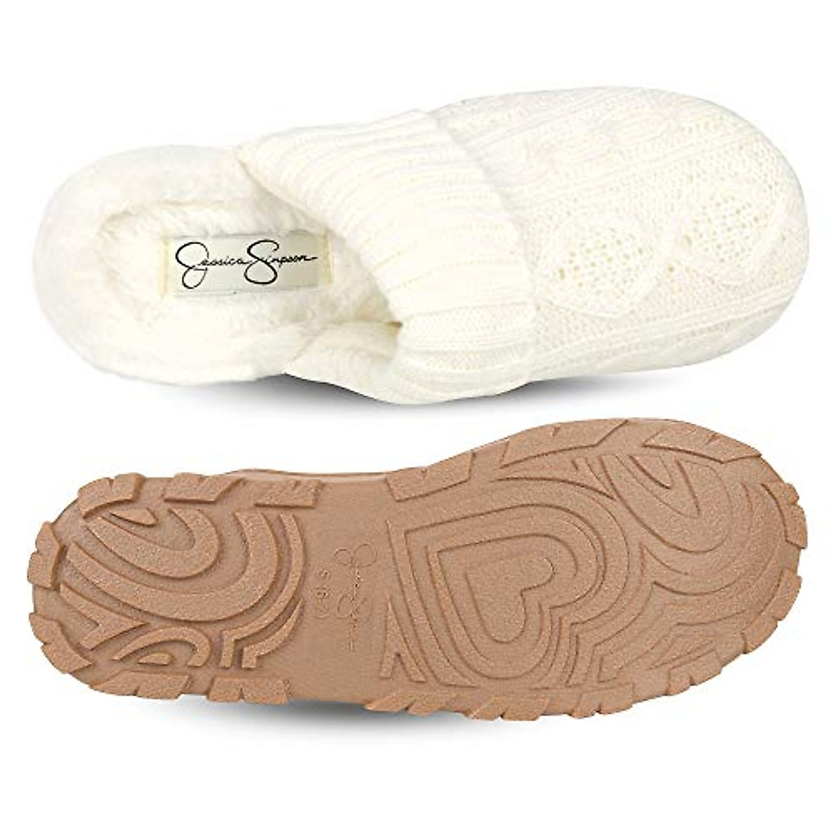 Jessica Simpson Womens Soft Cable Knit Slippers with Indoor/Outdoor Sole , Cream , Medium