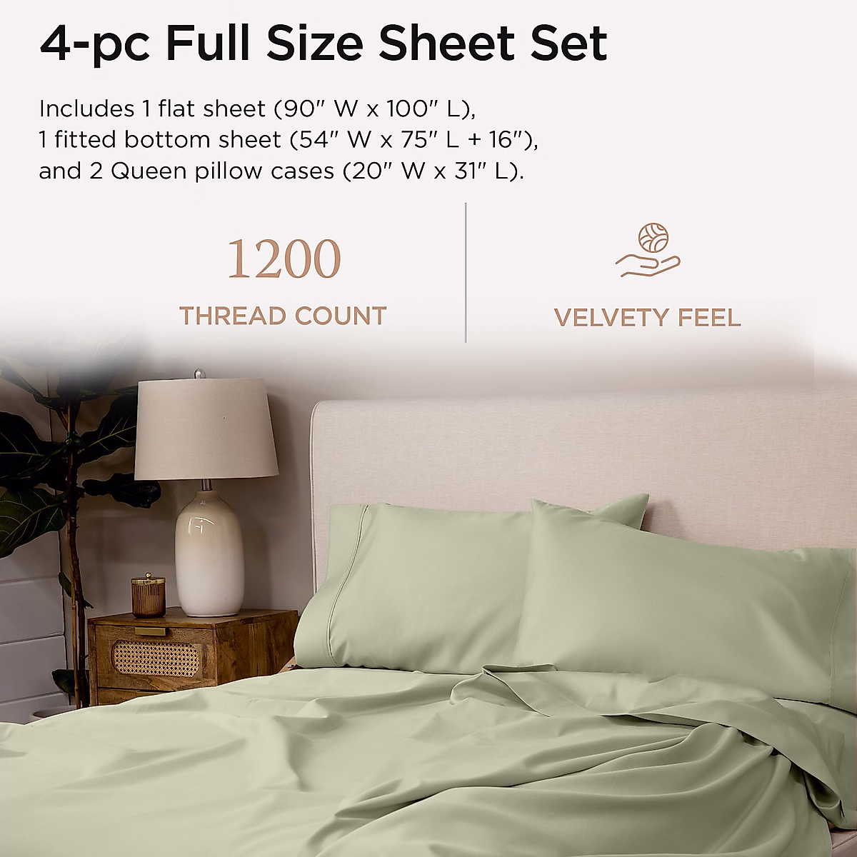 Threadmill Luxury Supima Cotton Sheets, Luxury 1200 Thread Count Soft 100% Cotton Sheets for Full Size Bed, 4 Pc Sage Green Bed Sheets Full Set, 5-Star Hotel Quality Deep Pocket Bed Sheets Set