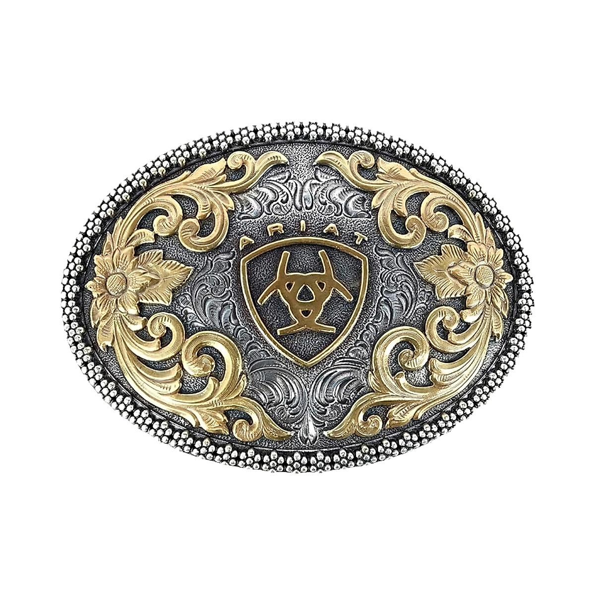 ARIAT Oval Buckle with Logo, Floral Scrolls and Filigree Detail, Antique Gold and Silver Finish, 3.75"x 2.75"