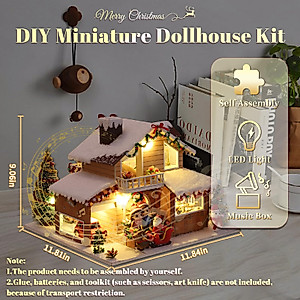 DIY Miniature Dollhouse Kit, 3D Wooden Puzzle Christmas Tiny House Model Kit with Music Box LED Light Dust Proof Cover, 3D Wooden Puzzle for Adults Couple, Handmade Crafts Home Decor Gift (Snow Villa)