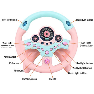 deAO Kids Steering Wheel for Backseat with Key Baby Toys Pretend Driving Simulated Steering Wheel Toy with Light and Music Gifts for Kids Toddlers (Pink)