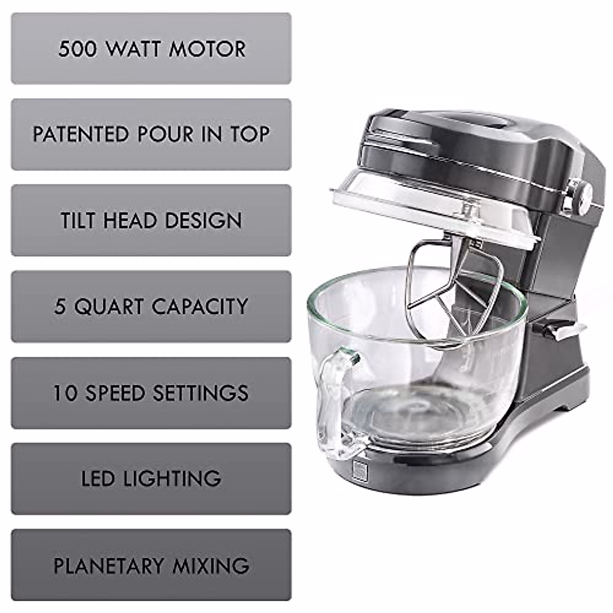 Kenmore Elite Ovation 5 Qt Stand Mixer, 500 Watts, with Revolutionary Pour-In Top, Tilt Head, Flat Beater, Whisk, Dough Hook, 360-degree Splash Guard, Glass Bowl, LED Light, Metallic Grey
