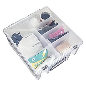 AB Designs 6990ABD Super Satchel Double Deep with Removable Dividers, Stackable Home Storage Organization Container, Clear with Sliver Latches and Handle