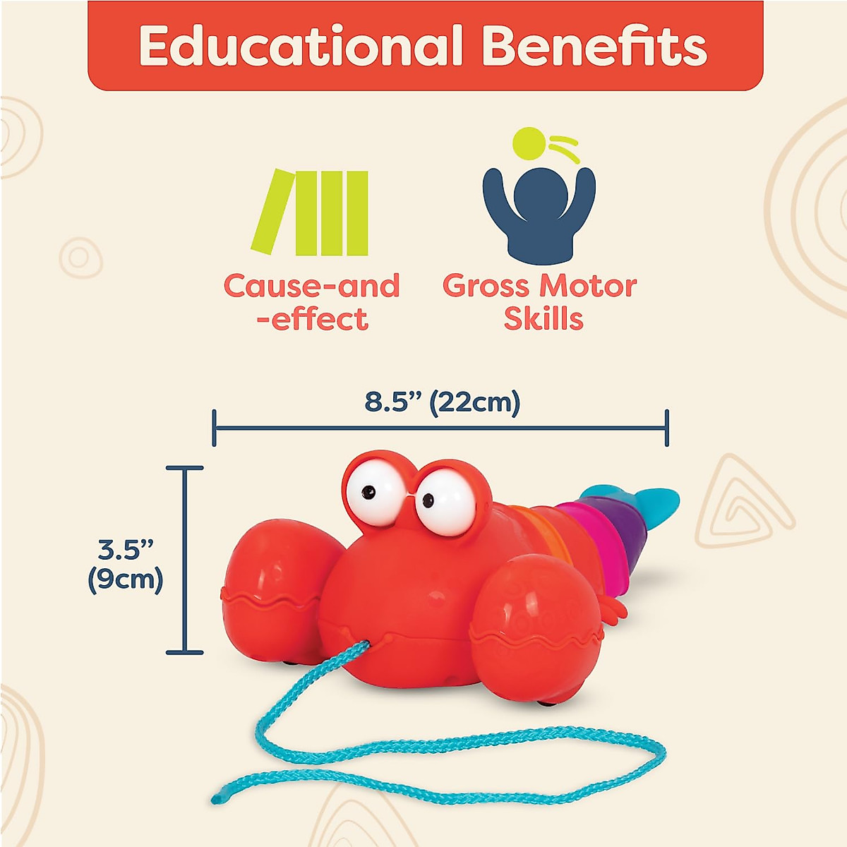 B. toys- Pull Along Lobster Toy - Waggle-A-Longs – Pinchy Pat- Developmental Toy- – Push or Pull –Walking Toy with String – Baby, Toddler, Kids – 18 Months +