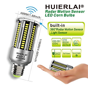 Radar Motion Sensor Light Bulbs A19 250W Equivalent AC85-265V 27W Motion Detector Auto Activated Dusk to Dawn Security Outdoor Porch Lights LED Bulb Daylight White 3375LM E26/E27 (2 Pack)