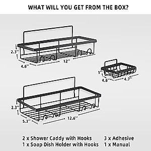 Top Taste 3-Pack Shower Caddy Shelf Organizer Rack with Soap Dish Holder,No Drilling Traceless Adhesive Black Shower Wall Shelves with Hooks, Wall Mount Shower Storage Organization Accessories