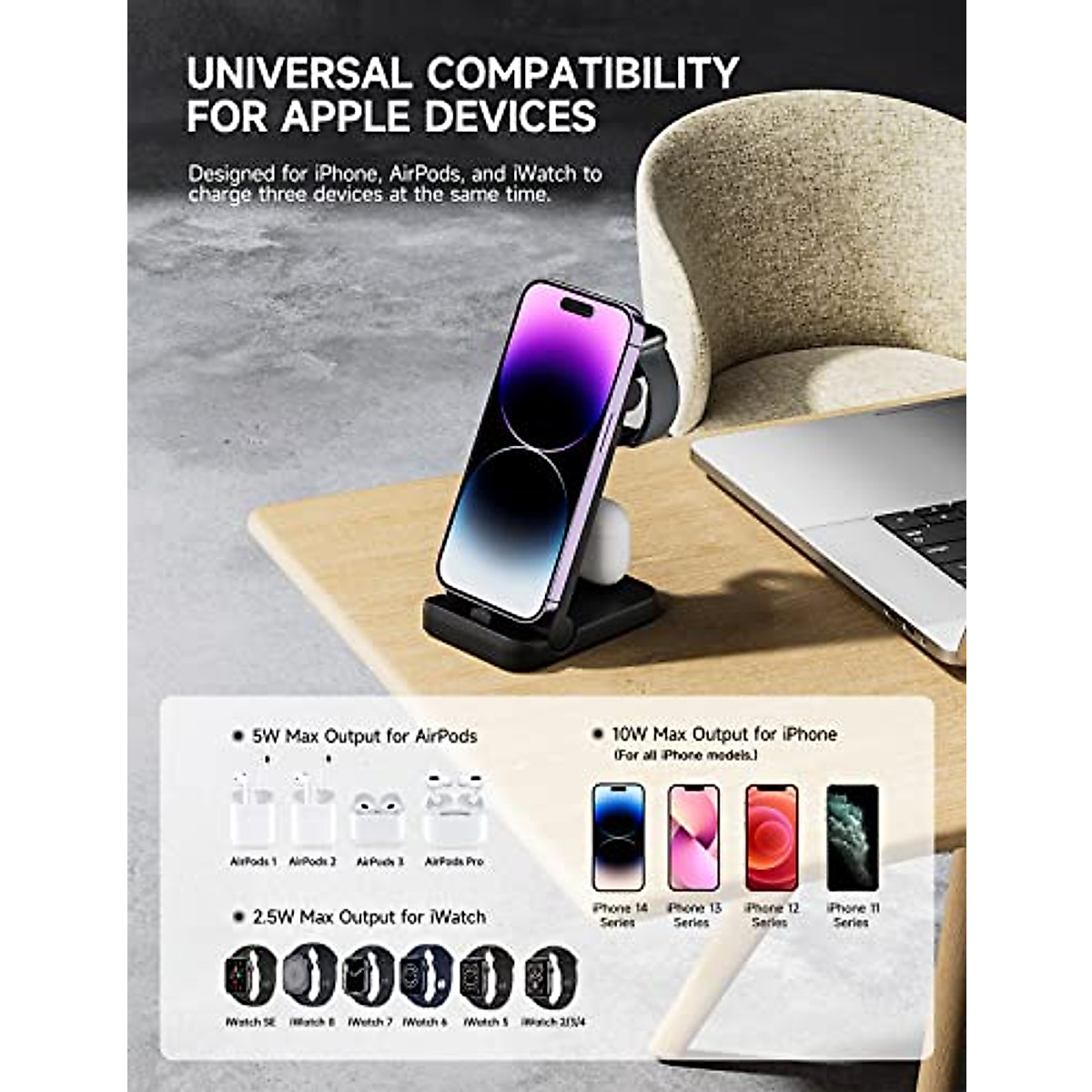 3 in 1 Charging Station, Foldable Charger Stand for Multiple Devices, iPhone Charging Station with 18W Wall Adapter, Fast Charge Portable Travel Charger Compatible with iPhone, iWatch, AirPods