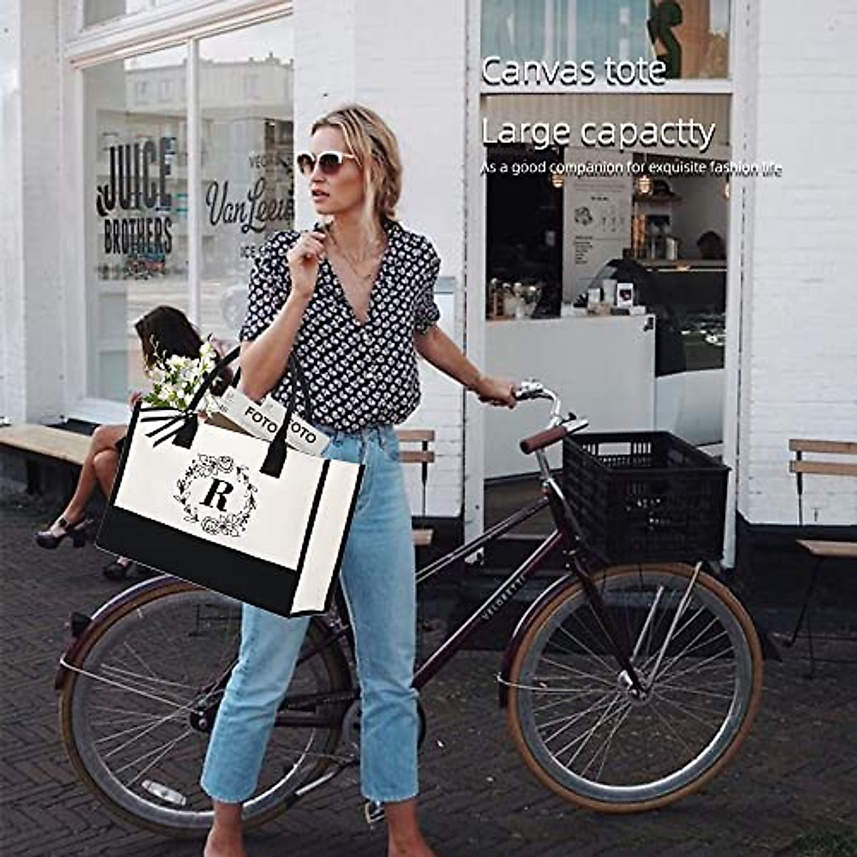 SUNELGIRL Personalized Initial Canvas Bag, Monogrammed Gift Tote Bag for Women, Mom, Teachers, Friends, Bridesmaids (R)