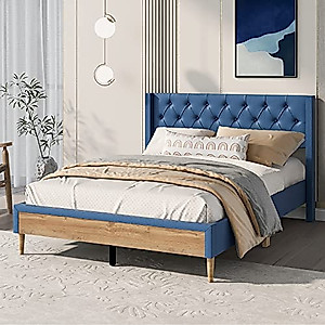 Lifeand Full Size Upholstered Platform Bed with Rubber Wood Legs,No Box Spring Needed, Linen Fabric,Blue