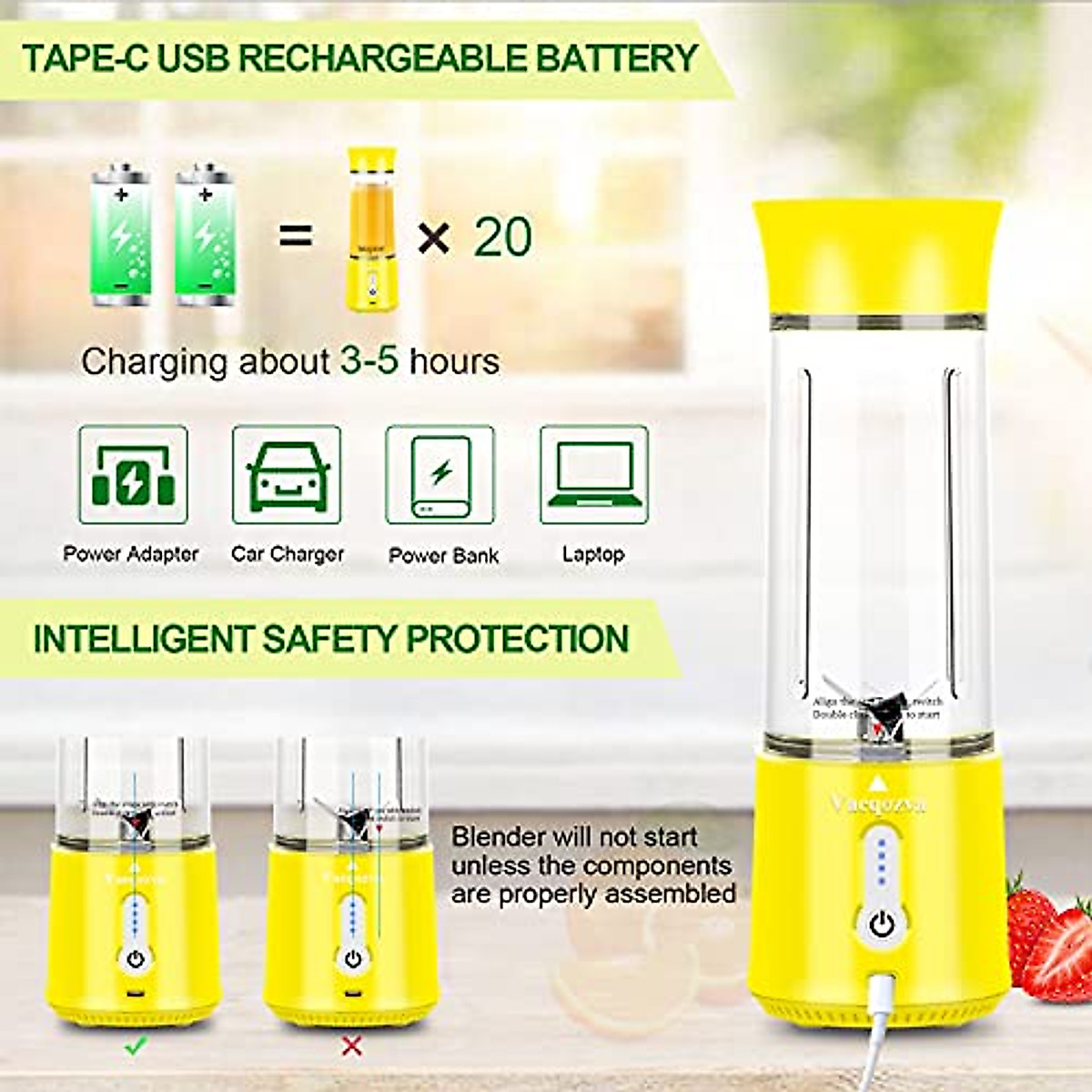 Portable Blender for Shakes and Smoothies, USB Rechargeable Vaeqozva Pro 17 Oz Bottle Large Capacity Waterproof Mini Blender, Personal Size Jucier for Travel, Home