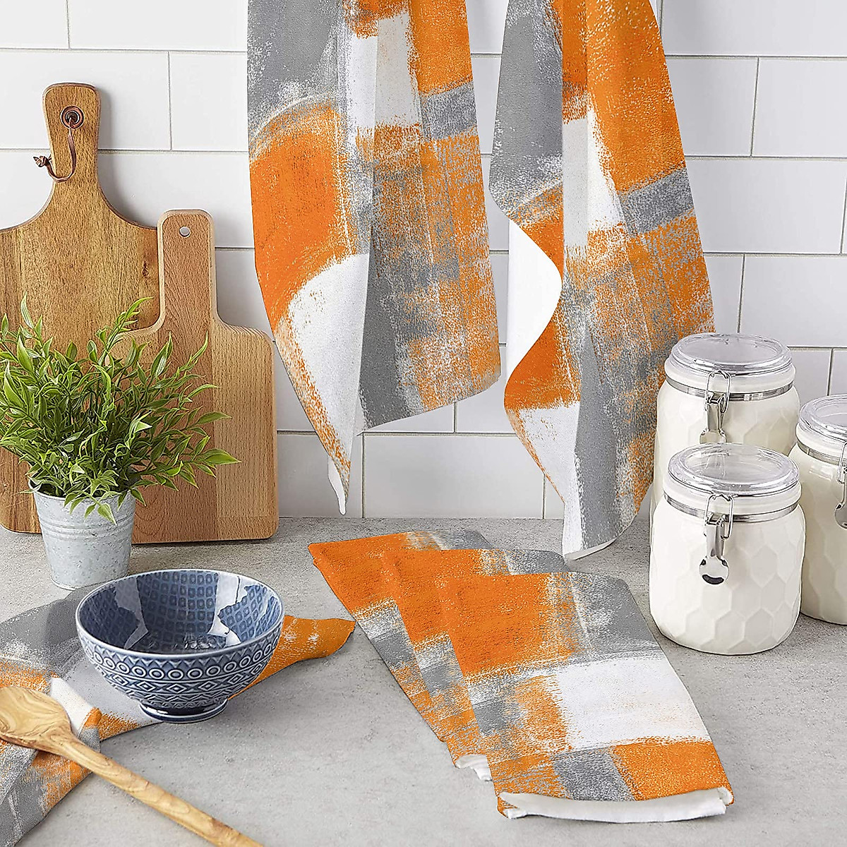 KID99inner Kitchen Towels Orange Grey Absorbent Tea Towel Soft Hand Dish Towel Brushstrokes Grunge Abstract Modern Reusable Washable Cleaning Cloth for Bathroom Bar for Everyday Cooking (Pack of 2)
