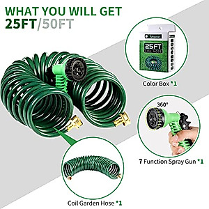 Yereen Coil Garden Hose 25FT, EVA Recoil Garden Hose, Heavy Duty Self-coiling Hose Coil with Corrosion-resistant Solid Brass Fittings, Retractable Collapsible Water Hose with 7 Function Water Sprayer