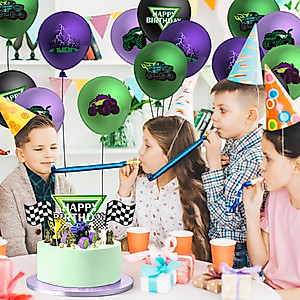 Haooryx Green and Purple Monster Truck Cake Toppers 40Pcs Monster Truck Racing Car Cake Decoration Birthday Dessert Cupcake Cake Topper Decor for Kids Theme Birthday Party Baby Shower Decor Supplies