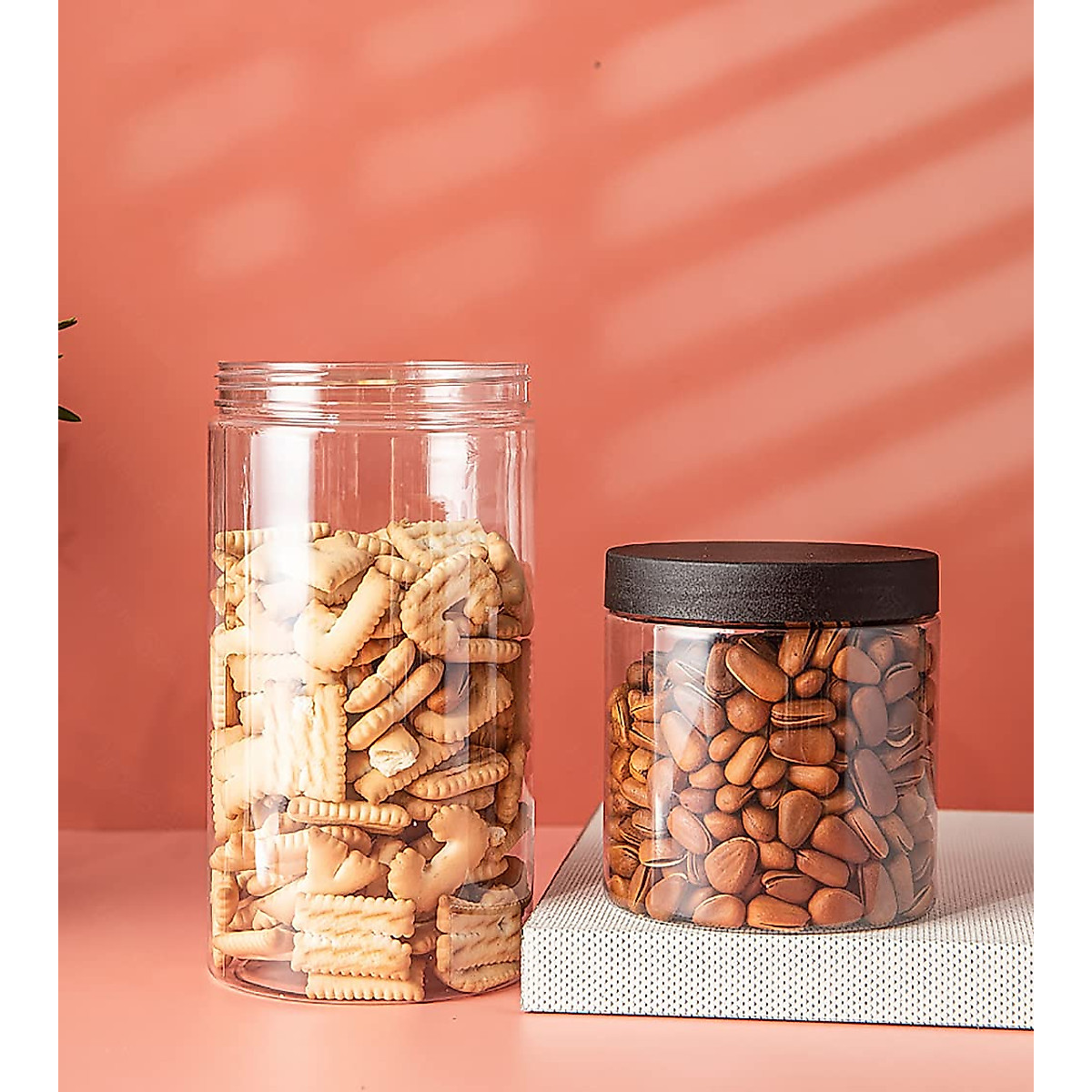 Lawei 8 Pack 34 oz Clear Plastic Jars with Black Lids - Plastic Food Storage Jars for Kitchen & Household Storage of Dry Goods, Nuts, Cookie and more