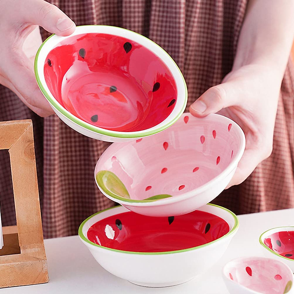 Porcelain Bowl Ceramic Appetizer Plate Watermelon Shape Rice Soup Bowl with Spoon Dessert Salad Pasta Bowls Food Serving Tray for Fruit Cheese Dessert Snack Soup Cereal Bowl