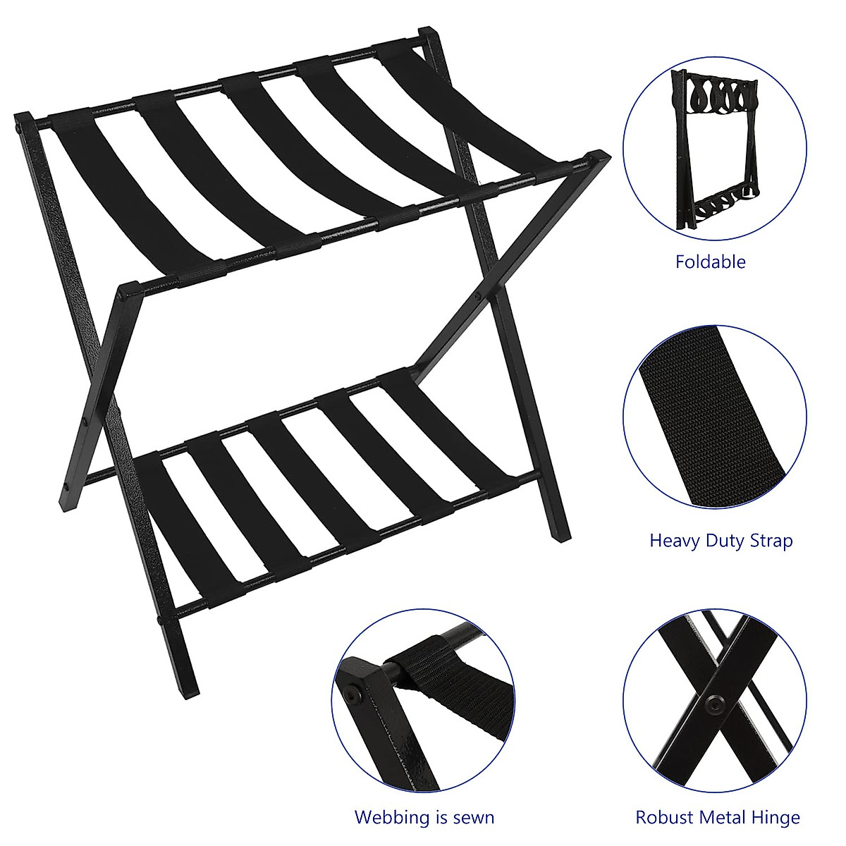 H-A Folding Luggage Rack Suitcase Stand with Storage Shelf for Guest Room Bedroom Hotel, Black (1 Pack)