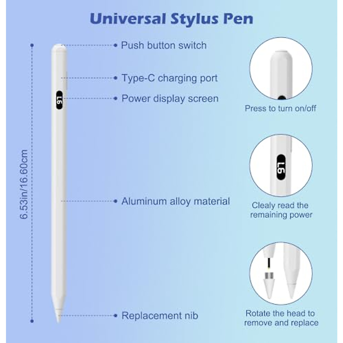 MoKo Stylus Pens for Touch Screens, Fast Charge Stylus Pen for Apple iPad/iPhone/Samsung/Lenovo/iOS/Android Tablets&Smart Phone Universal Stylus Capacitive Screen Pencil with Power Display, White