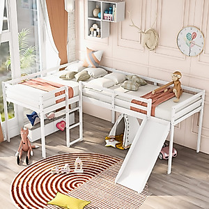 Harper & Bright Designs Twin Loft Bed for Kids, L-Shape Loft Beds with Slide, Low Loft Bed Frame Corner Bunk Bed for Kids, Wooden Loft Bed for Girls Boys Teens (New, White)