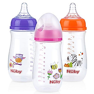 Nuby Tritan Wide Neck Non-Drip Bottles with Anti-Colic Air System: 9oz./ 270 Ml, 3 Pack, 3M+, Multi