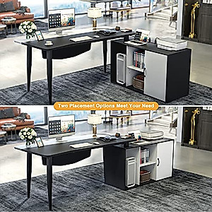 Unikito 55inch Computer Desk with Cabinet, Large Black L Desk with LED and Charging Station, Home Office Desk with Door and Storage, Office Desk with Power Outlet, Gaming White Desk PC Table