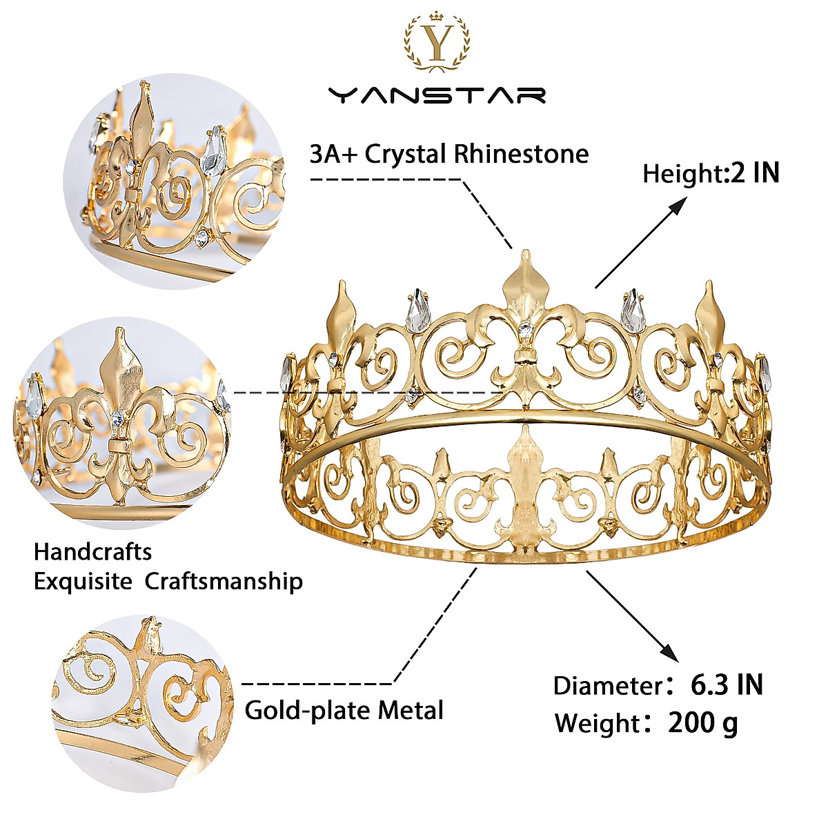 yanstar Gold King Crowns for Men, Metal Royal Prince Crown and Tiaras for Birthday Prom Party Hats Costume