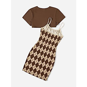 Verdusa Women's 2 Piece Outfit Argyle Print Bodycon Cami Dress with Crop Tee Top Brown S