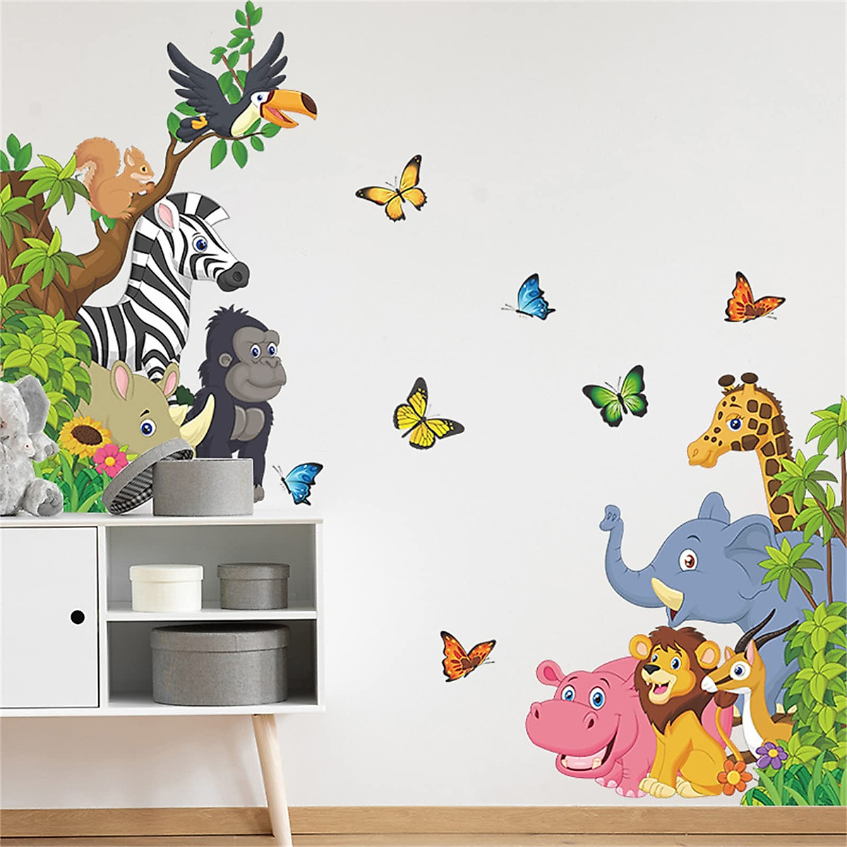 W-YANG Forest Animal Tree Wall Decals Elephant Zebra Giraffe Hippo Butterfly Lion Wall Sticker Great for Baby Nursery Kids Bedroom Playroom Living Room (Cartoon Forest Animal), Bright