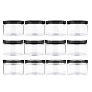 11.5oz (340 ml) Empty Clear Wide Mouth Plastic Jars with Smooth Black Lids and Labels (12 Pack) – PET Containers Great for Cream,Cosmetics,Slime Storage Jars –BPA Free