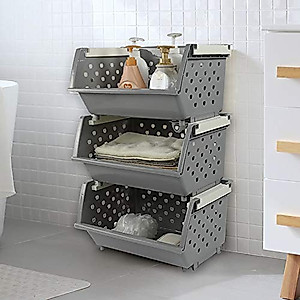 Eagrye Plastic Stackable Storage Bins, Multi-functional Stacking Basket, Grey, Pack of 3