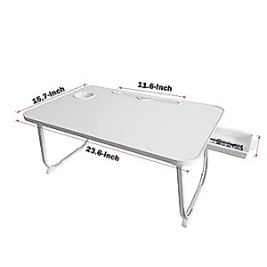 Desk Bed Table Folding Lap Table for Bed Desk with Cup Holder Study Table for Bed Tables for Eating and Laptops Perfect for Home Office Bedroom,White