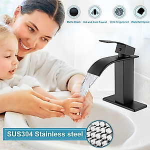 Midanya Waterfall Spout Bathroom Faucet Single Handle 1 Hole Bathroom Sink Faucet,Modern RV Lavatory Vanity Basin Faucet with 6 Inch Deck Plate for 1 or 3 Hole and Water Hose,Matte Black