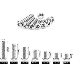 Sutemribor 180Pcs M5 Stainless Steel Button Head Hex Socket Head Cap Bolts Screws Nuts Assortment Kit + Wrench