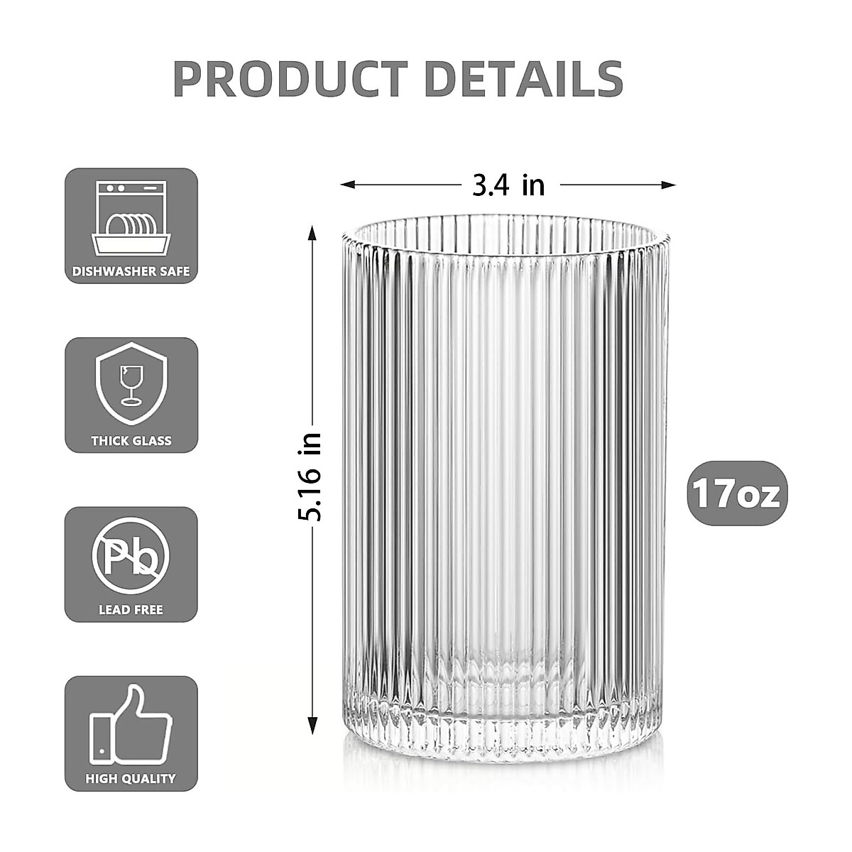 INSETLAN 17oz Ribbed Glassware Set of 4, Glass Cups Large Vintage Glassware Set, Origami Style Cocktail Glasses, Ideal for Beer, Juice, Water, Ice Coffee Cup, Whiskey