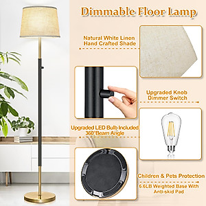 Dimmable Floor Lamp, 1100 Lumens LED Bulb Included, Gold Floor Lamps for Living Room Modern Standing Lamp with Natural Linen Shade, Tall Lamp for Living Room Bedroom Office Reading Dining Room